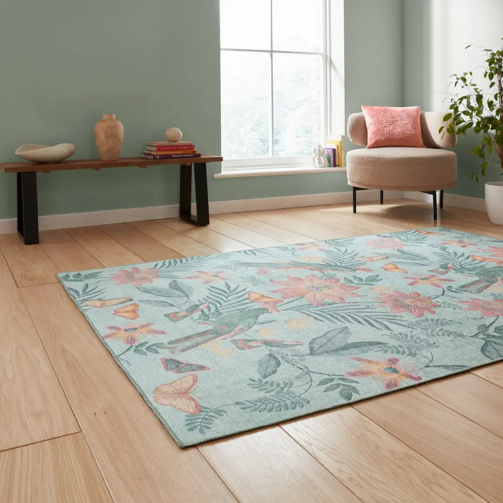 Catherine Lansfield Amaya Tropical Birds Washable Rug Green Rug ...