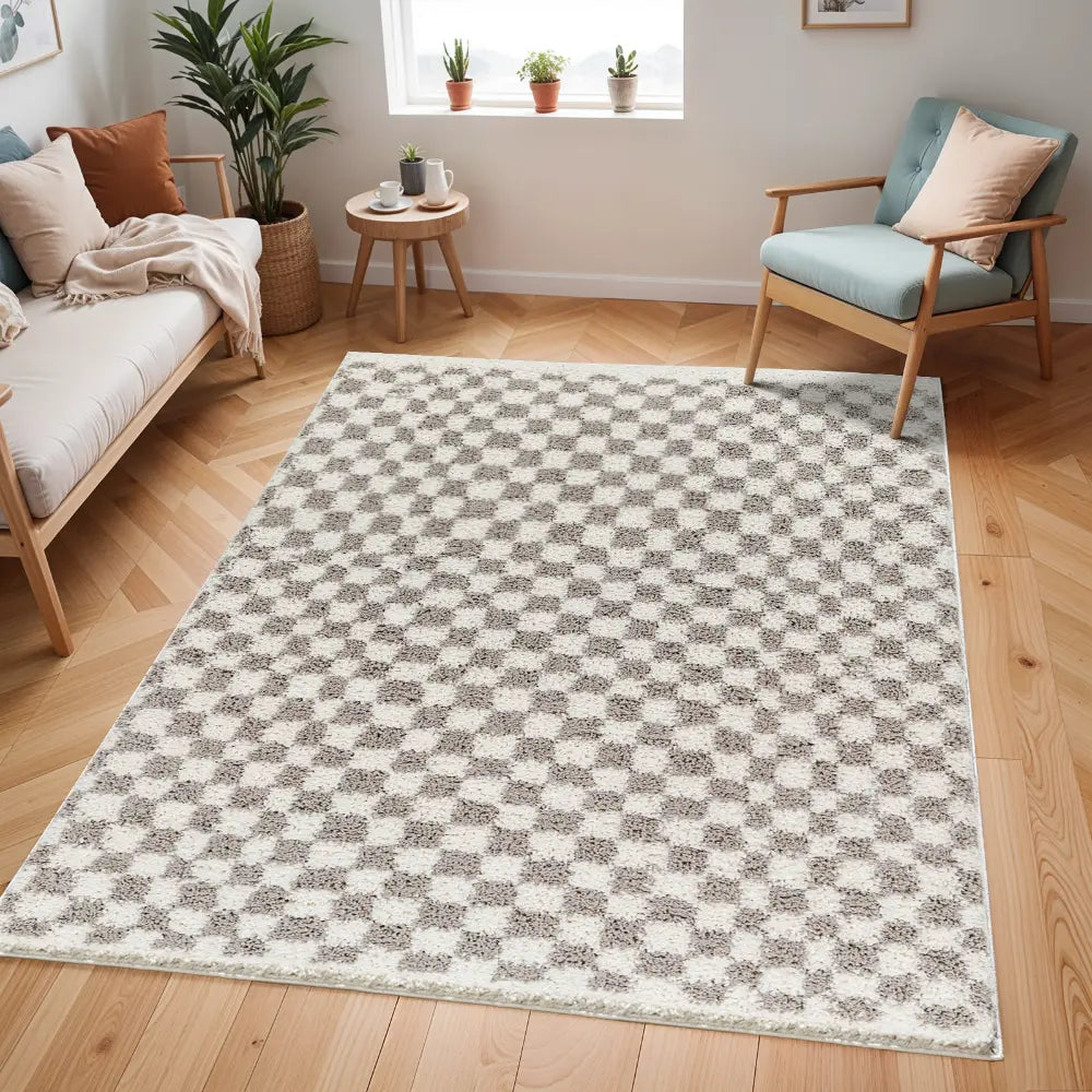 KITTU Shaggy Modern Plush Pile Light Grey Checkered Rug Grey Rug ...