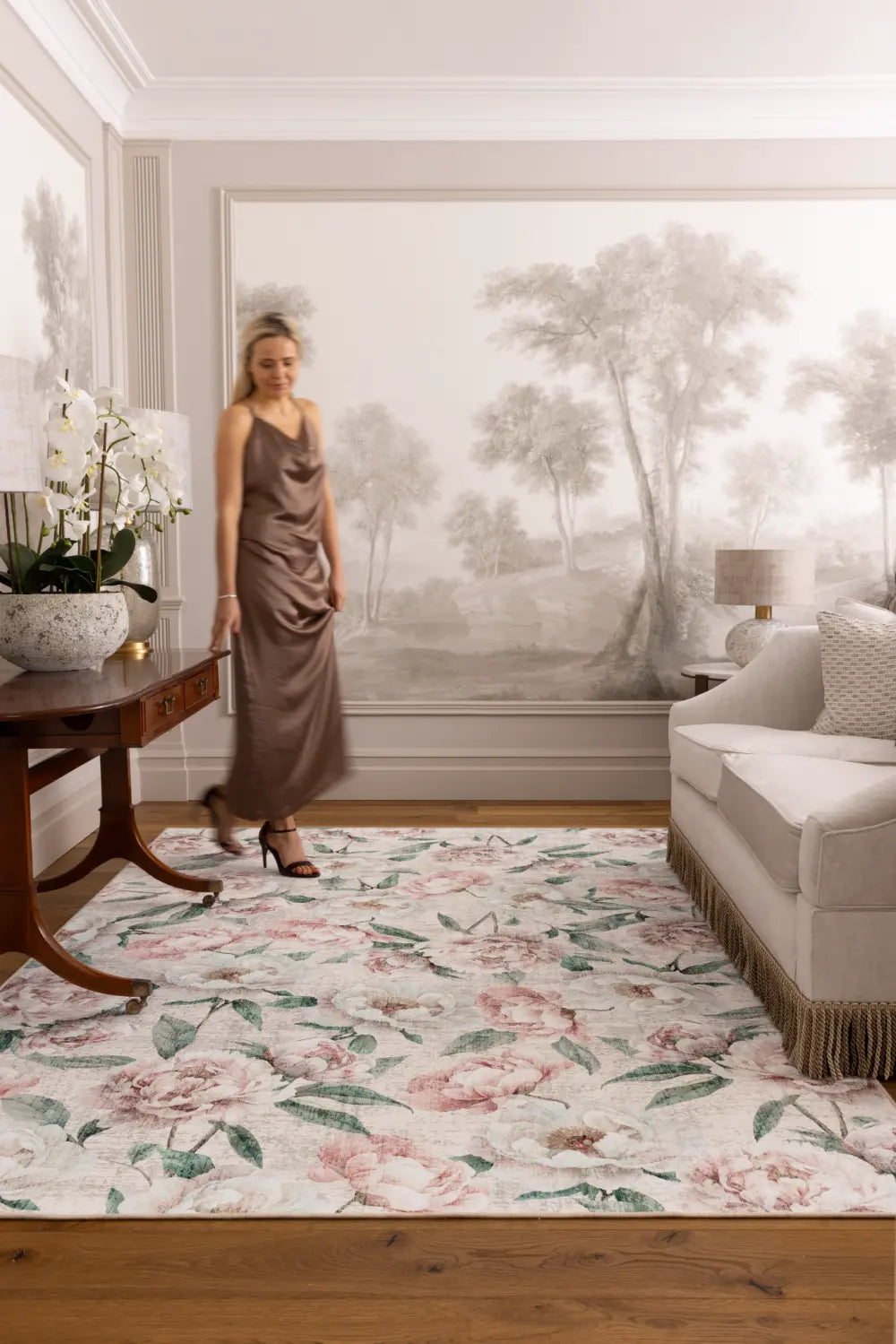 Blooming Peonies Oyster Pink Washable Pink Rug — RugsDirect Online