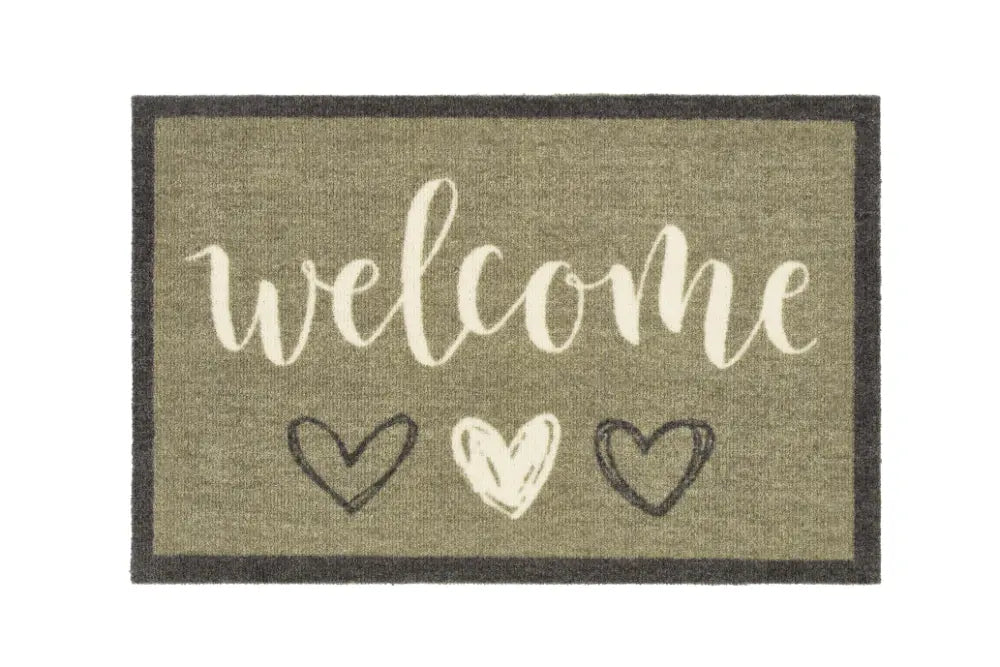 My Mat Nylon Indoor Pattern My Welcome Hearts Sage Green Rug ...