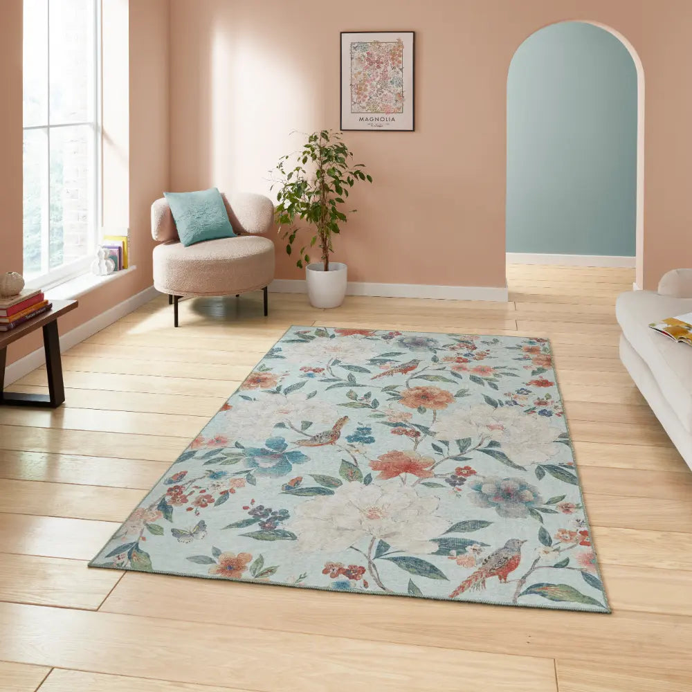 Catherine Lansfield Pipa Floral Rug Blue Rug — RugsDirect Online