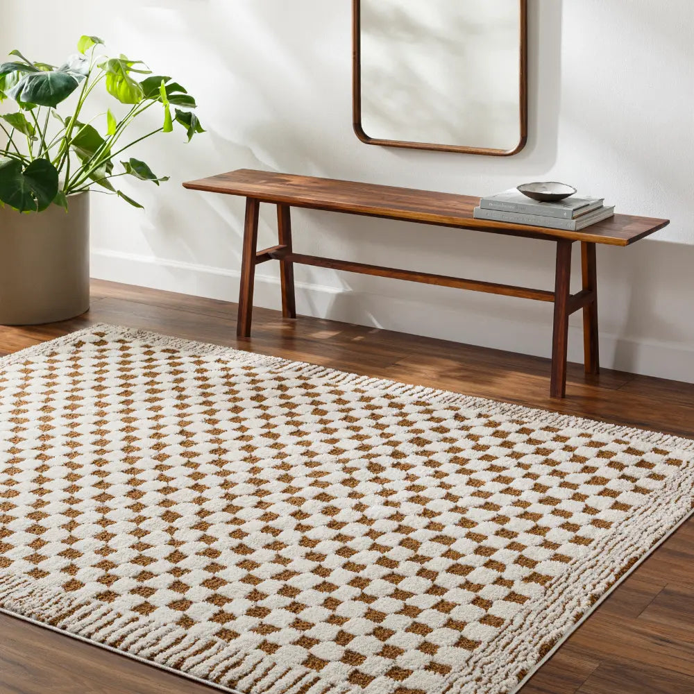 EKTA Scandi Modern High Pile Ivory/Brown Checkered Rug Brown Rug ...