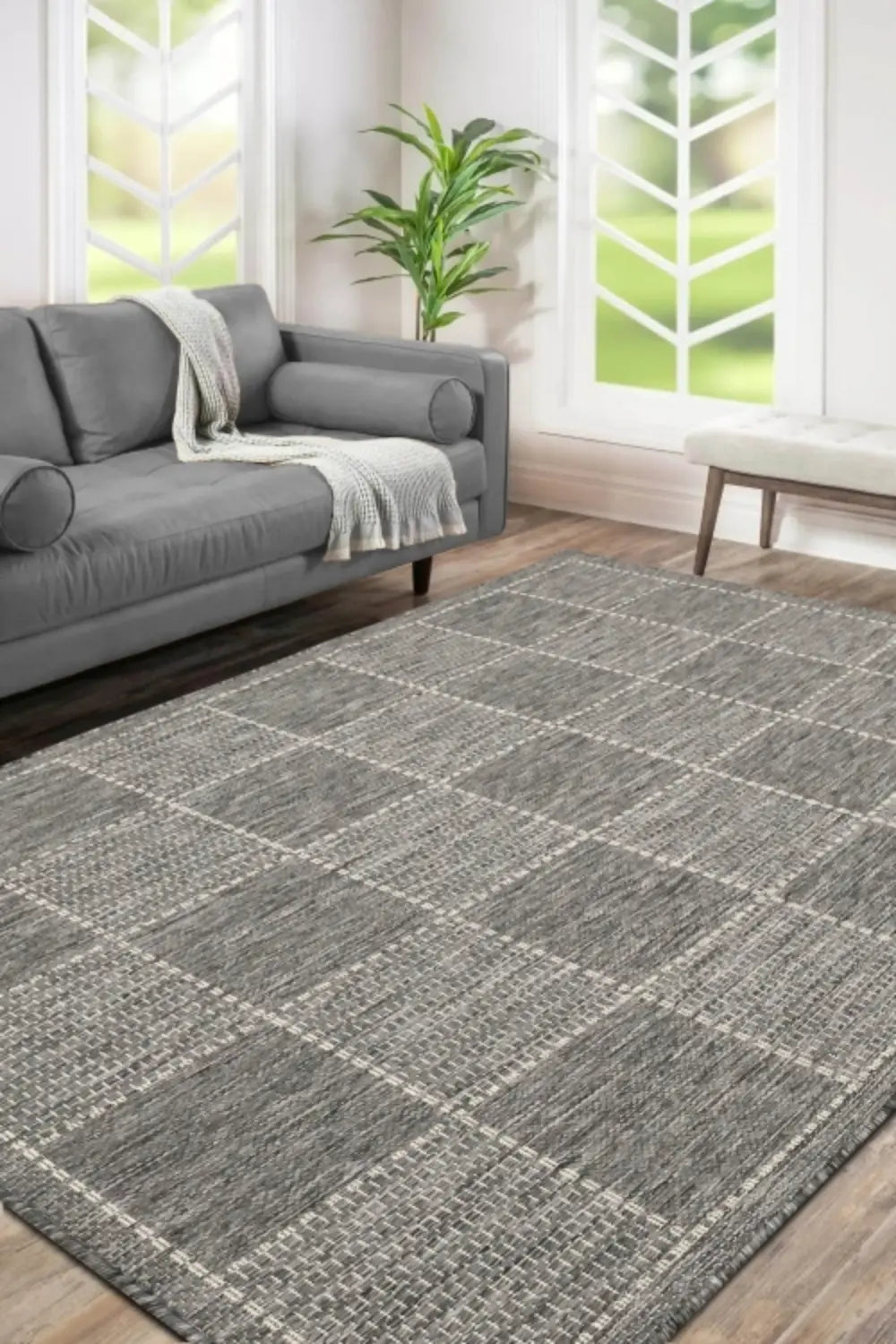 FLATWEAVE GEL CHECK STEEL GREY Grey Rug — RugsDirect Online