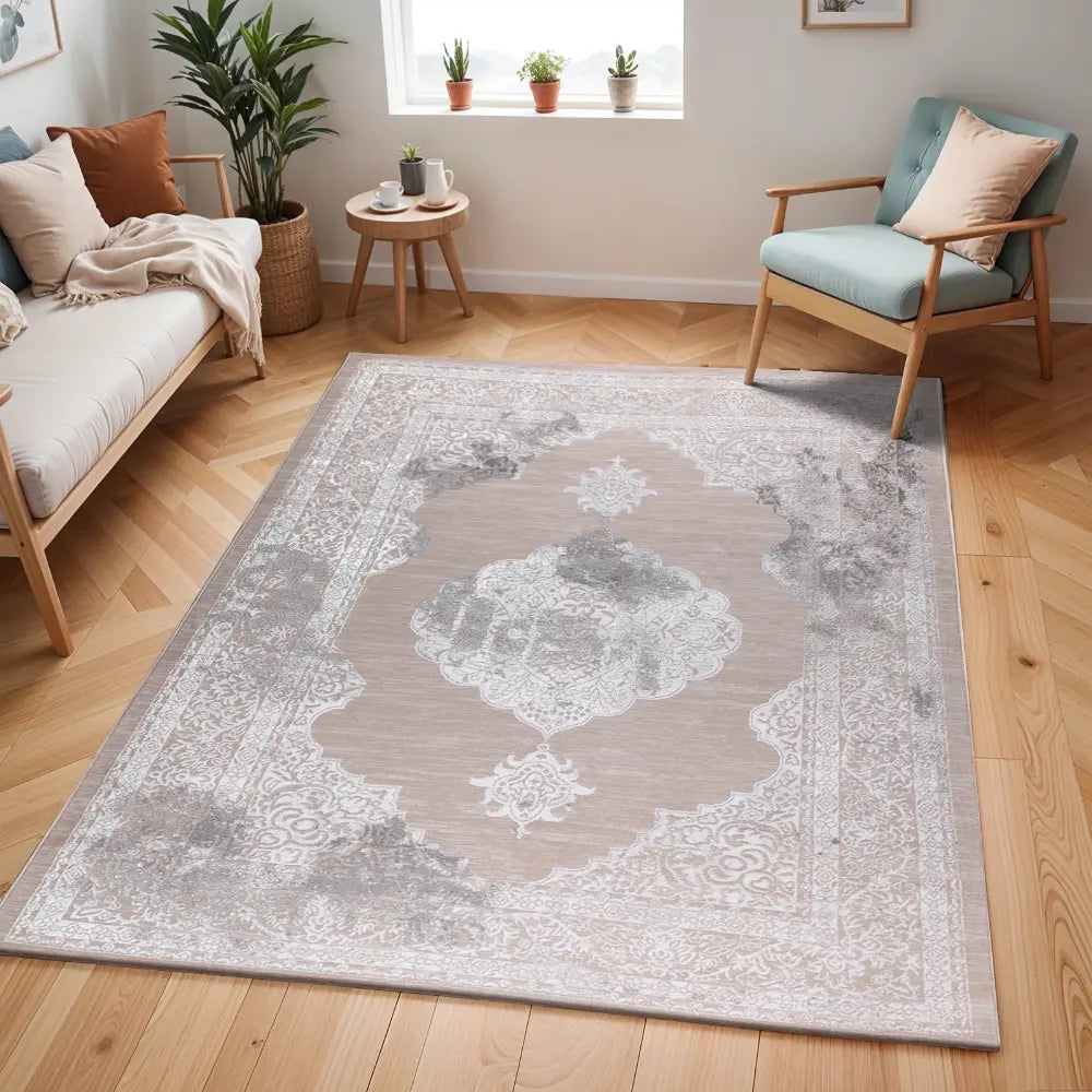 AZRA Vintage Traditional Oriental Boho Beige/White Rug Beige Rug ...