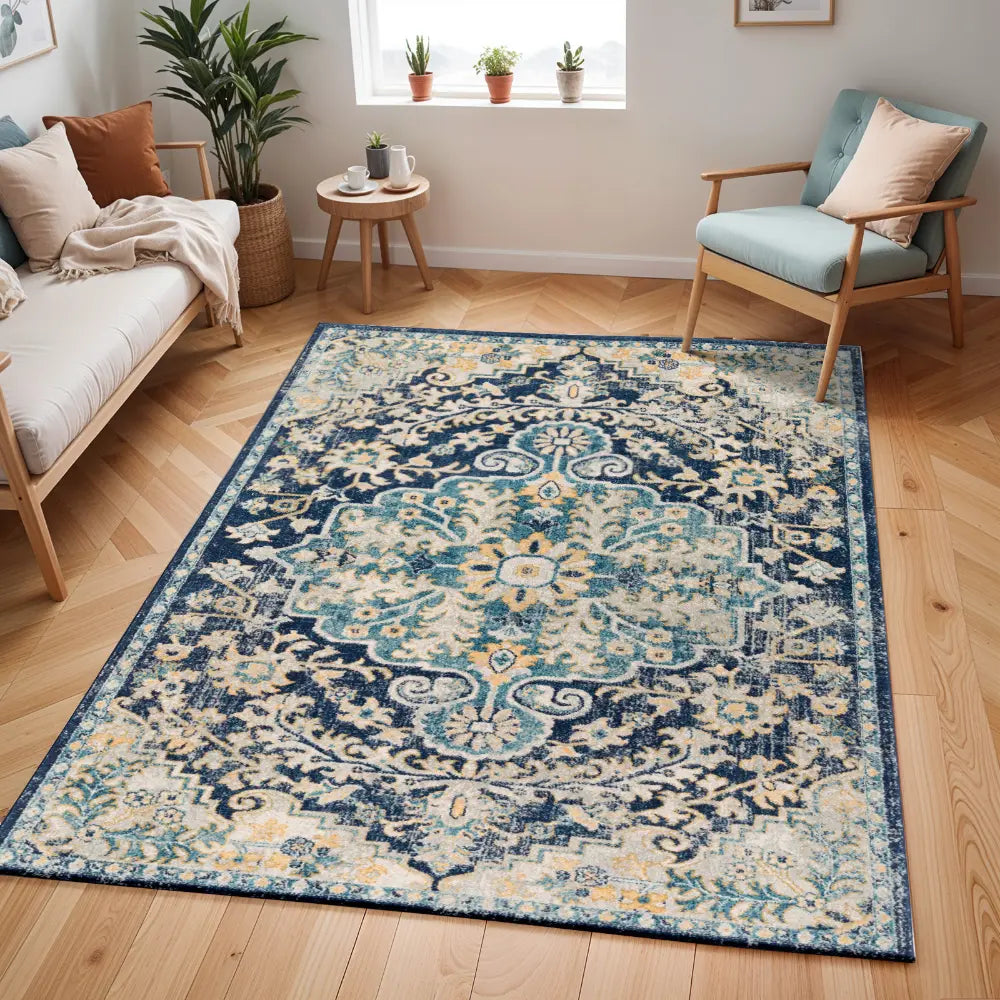 MAVERICK Vintage Traditional Oriental Boho Sky Blue Rug Multicoloured ...