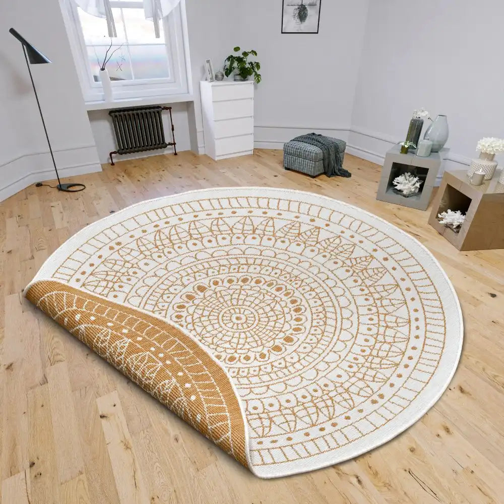 Twin Reversible Circles Indoor Outdoor 105797 Ochre Yellow, Ivory Rug ...