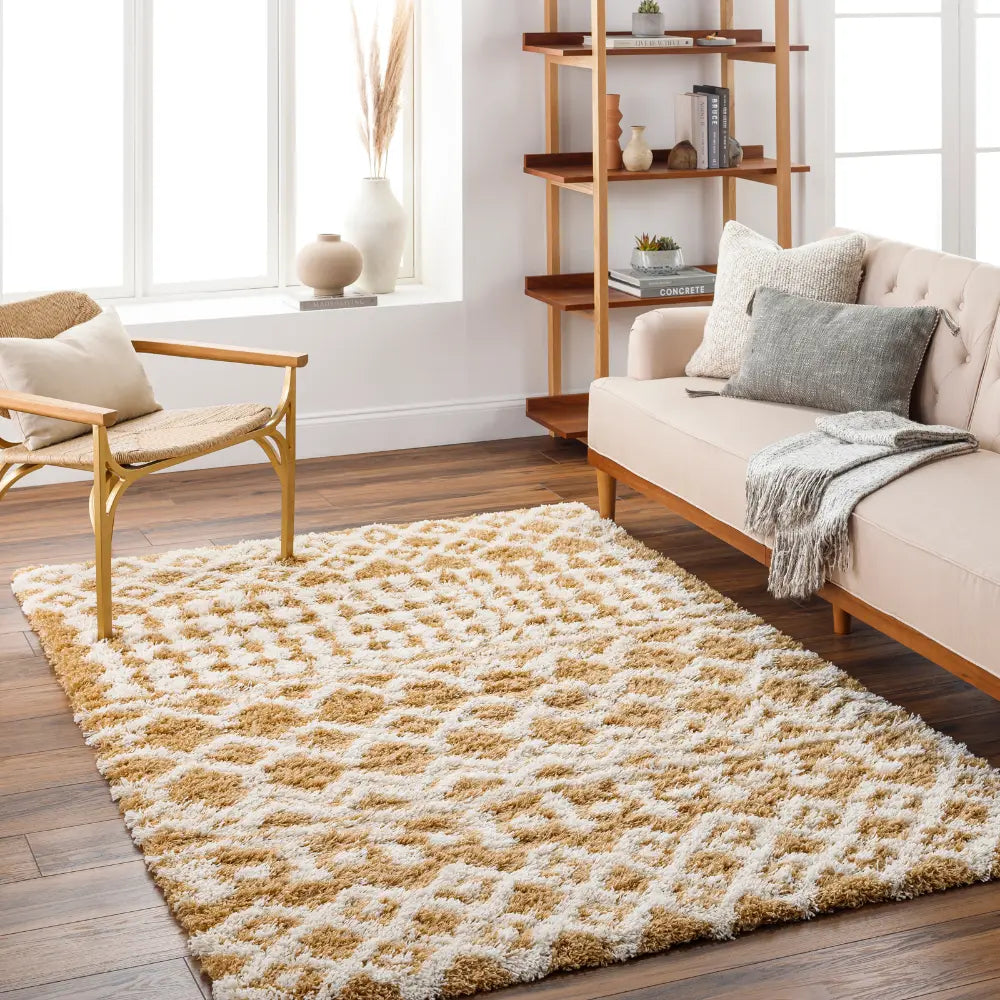 NOUR Shaggy Geometric Plush Pile Camel Rug Brown Rug — RugsDirect Online